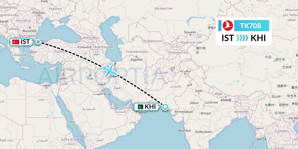 TK708 Flight Status Turkish Airlines: Istanbul to Karachi (THY708)