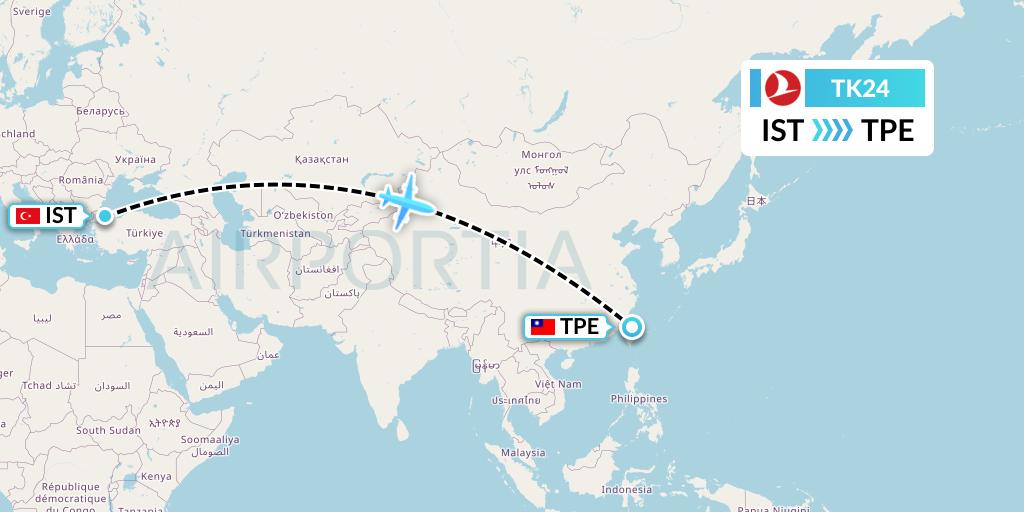 TK24 Flight Status Turkish Airlines: Istanbul to Taipei (THY24)