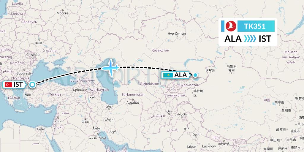 TK351 Flight Status Turkish Airlines: Almaty to Istanbul (THY351)