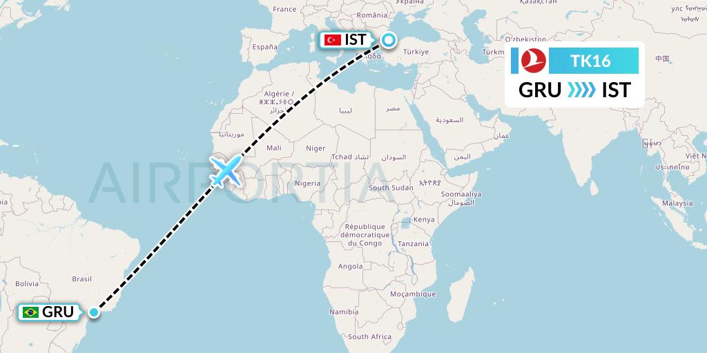 TK16 Flight Status Turkish Airlines: Sao Paulo to Istanbul (THY16)
