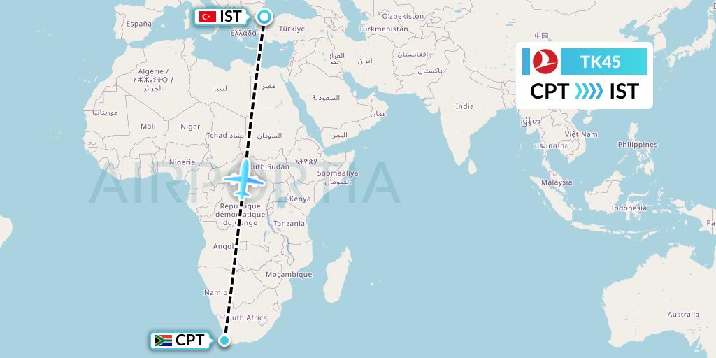 TK45 Flight Status Turkish Airlines: Cape Town to Istanbul (THY45)