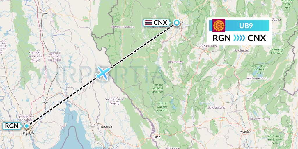 UB9 Flight Status Myanmar National Airlines: Yangon to Chiang Mai (UBA9)