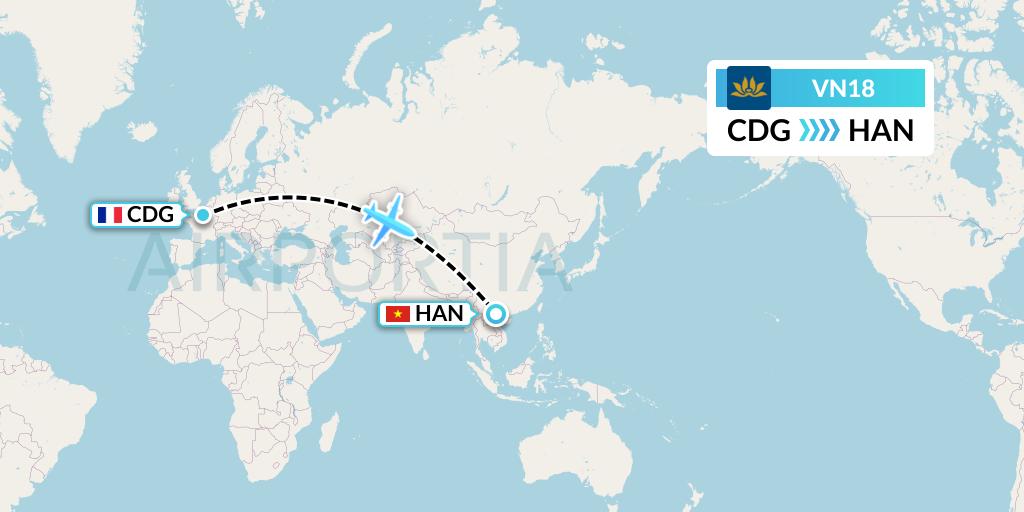 VN18 Flight Status Vietnam Airlines: Paris to Hanoi (HVN18)