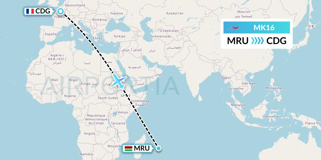 MK16 Flight Status Air Mauritius: Port Louis to Paris (MAU16)