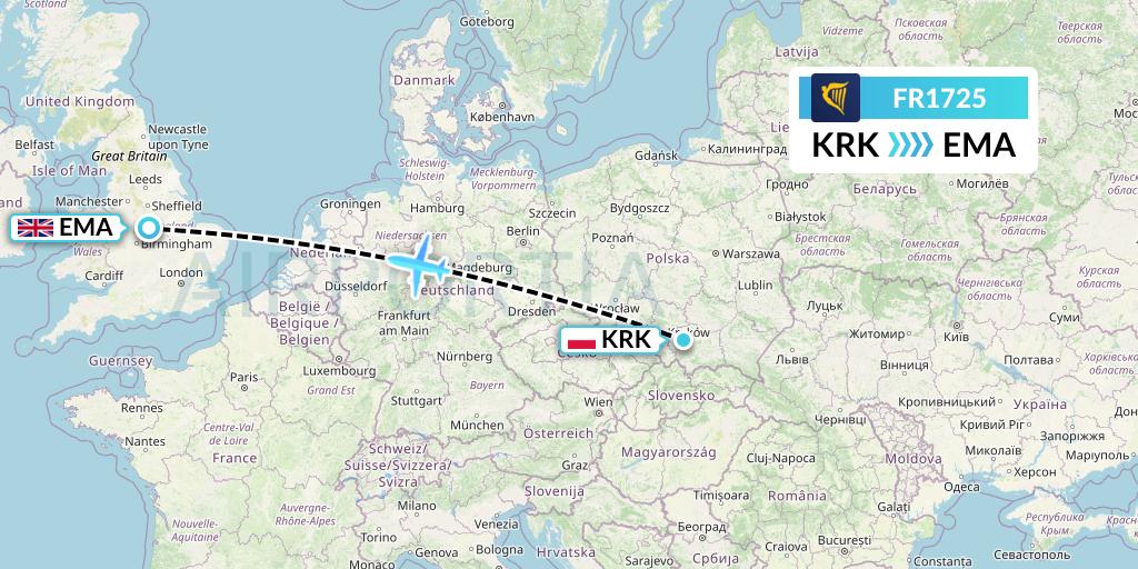 FR1725 Flight Status Ryanair: Krakow to East Midlands (RYR1725)