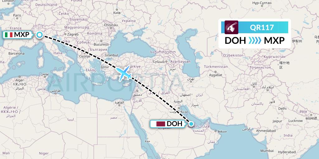 QR117 Flight Status Qatar Airways: Doha to Milan (QTR117)