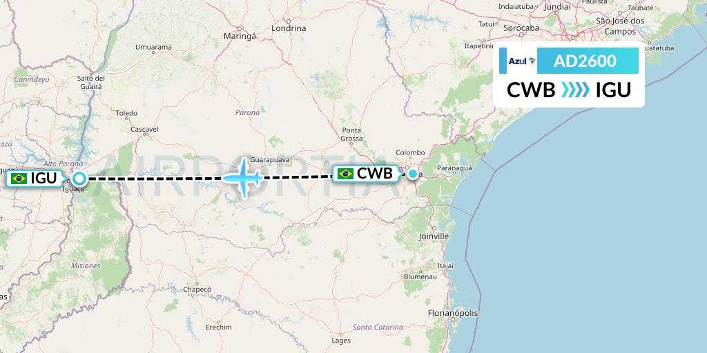 AD2600 Flight Status Azul Brazilian Airlines: Curitiba to Foz do Iguacu ...