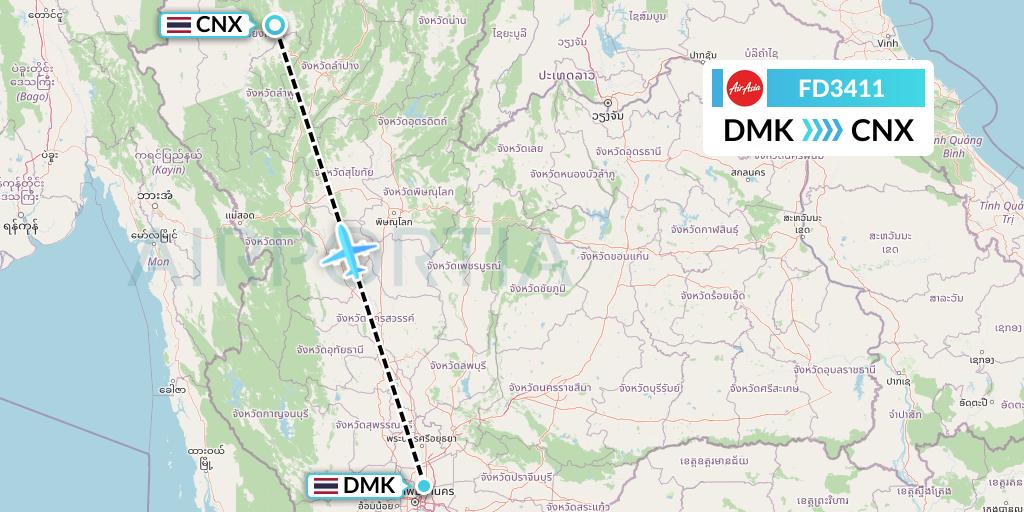FD3411 Flight Status Thai AirAsia: Bangkok to Chiang Mai (AIQ3411)