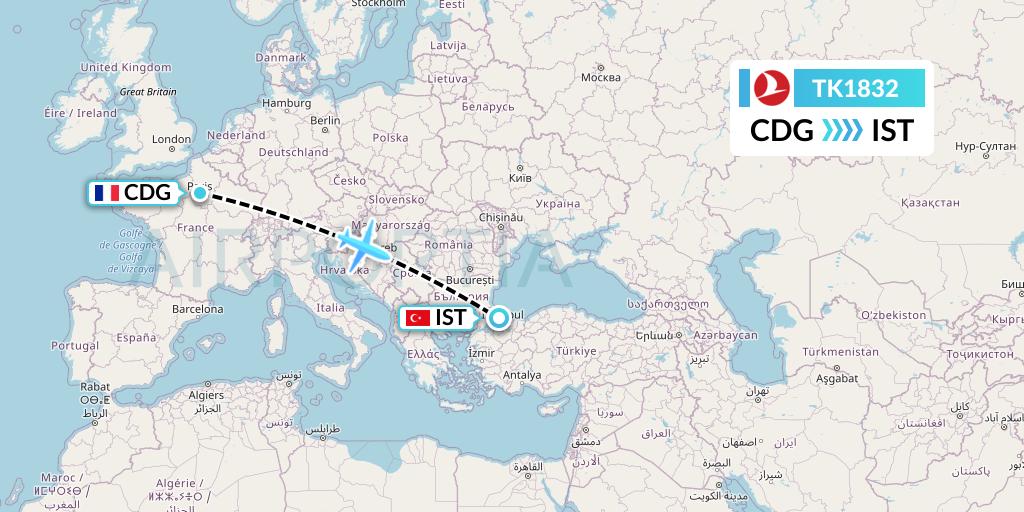 TK1832 Flight Status Turkish Airlines: Paris to Istanbul (THY1832)