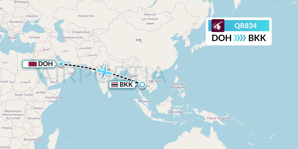 QR834 Flight Status Qatar Airways: Doha to Bangkok (QTR834)