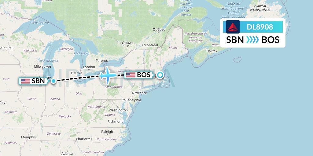 DL8908 Flight Status Delta Air Lines: South Bend to Boston (DAL8908)