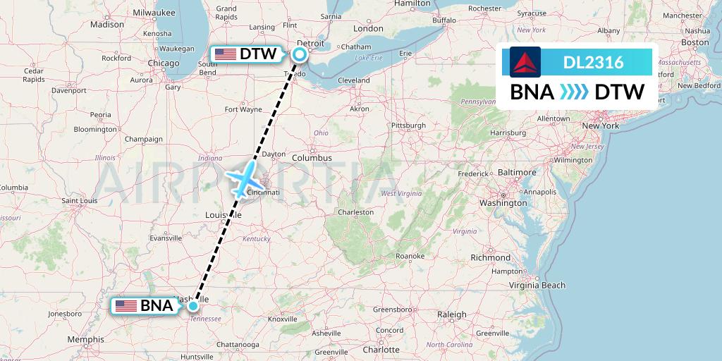 DL2316 Flight Status Delta Air Lines: Nashville to Detroit (DAL2316)