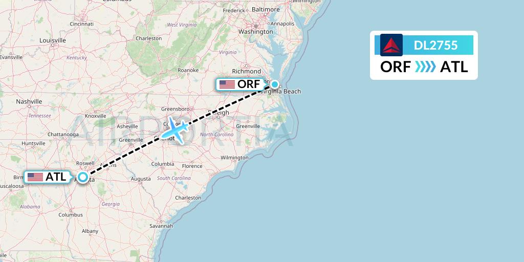 DL2755 Flight Status Delta Air Lines: Norfolk to Atlanta (DAL2755)