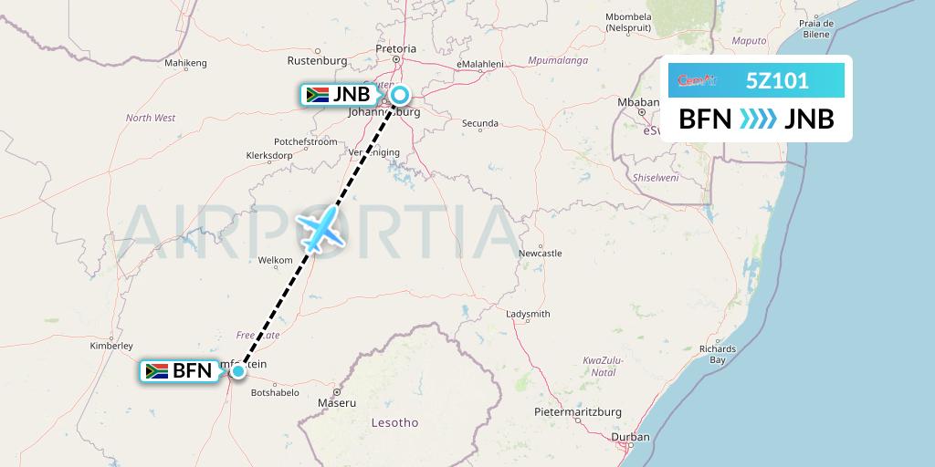 5Z101 Flight Status CemAir: Bloemfontein to Johannesburg (KEM101)