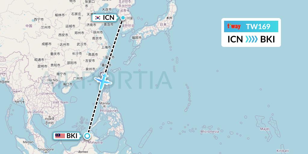 TW169 Flight Status T'way Air: Seoul to Kota Kinabalu (TWB169)