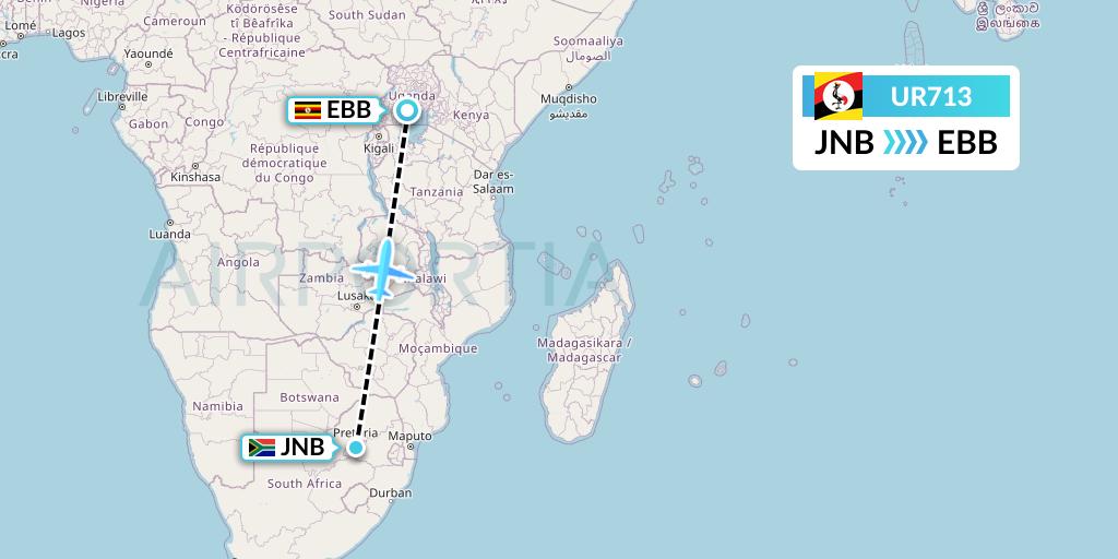 UR713 Flight Status Uganda Airlines: Johannesburg to Entebbe (UGD713)