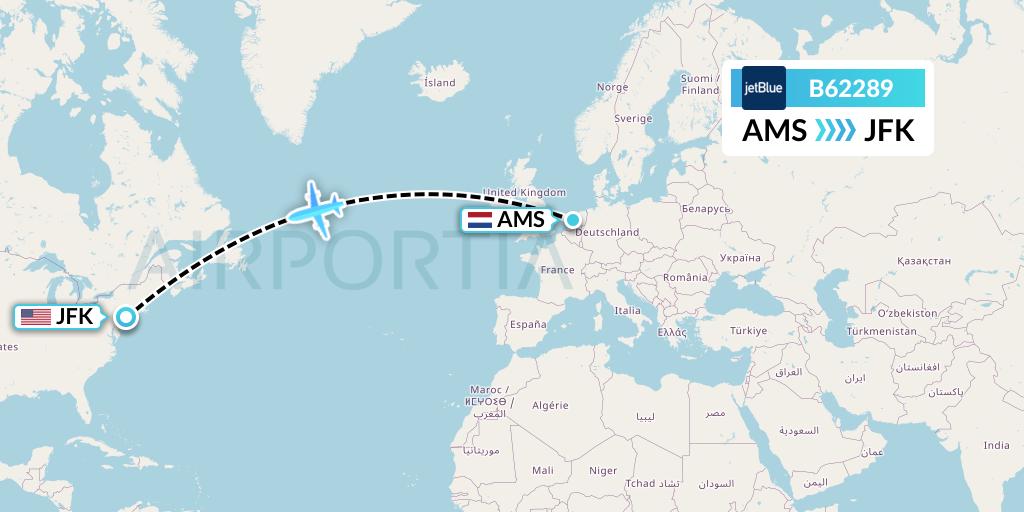 B62289 Flight Status JetBlue Airways: Amsterdam to New York (JBU2289)