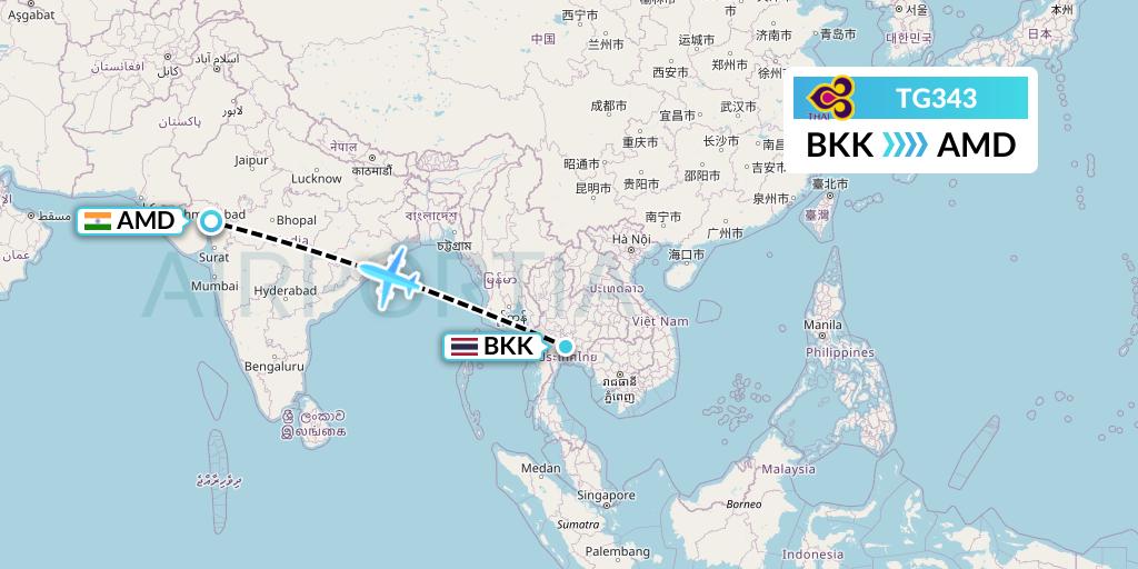 TG343 Flight Status Thai Airways: Bangkok to Ahmedabad (THA343)