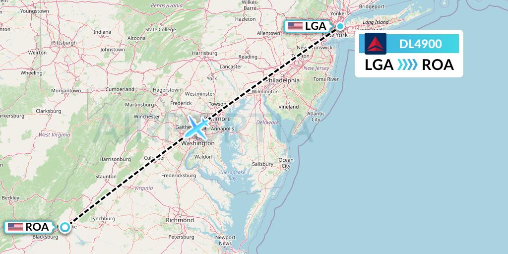 DL4900 Flight Status Delta Air Lines: New York to Roanoke (DAL4900)