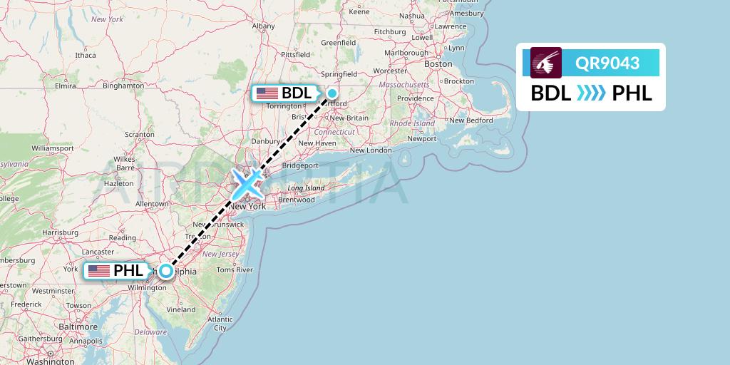 QR9043 Flight Status Qatar Airways: Windsor Locks to Philadelphia (QTR9043)