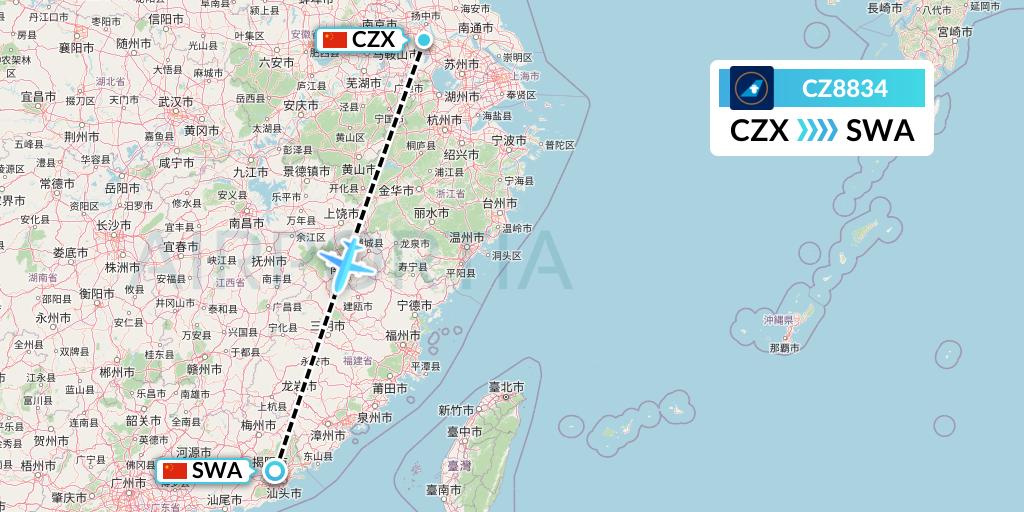 CZ8834 Flight Status China Southern Airlines: Changzhou to Jieyang ...