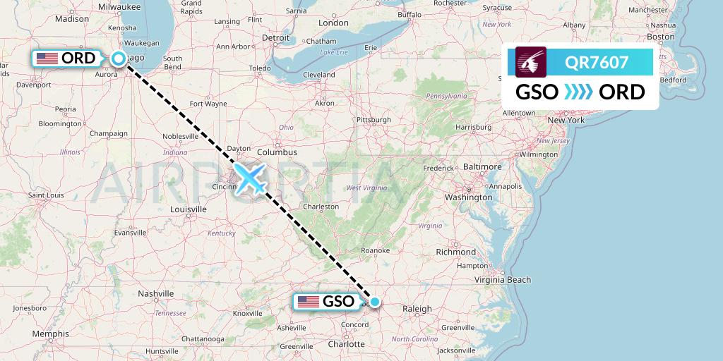 QR7607 Flight Status Qatar Airways: Greensboro to Chicago (QTR7607)