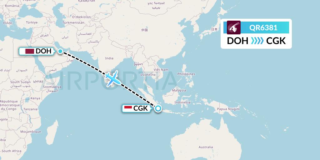 QR6381 Flight Status Qatar Airways: Doha to Jakarta (QTR6381)