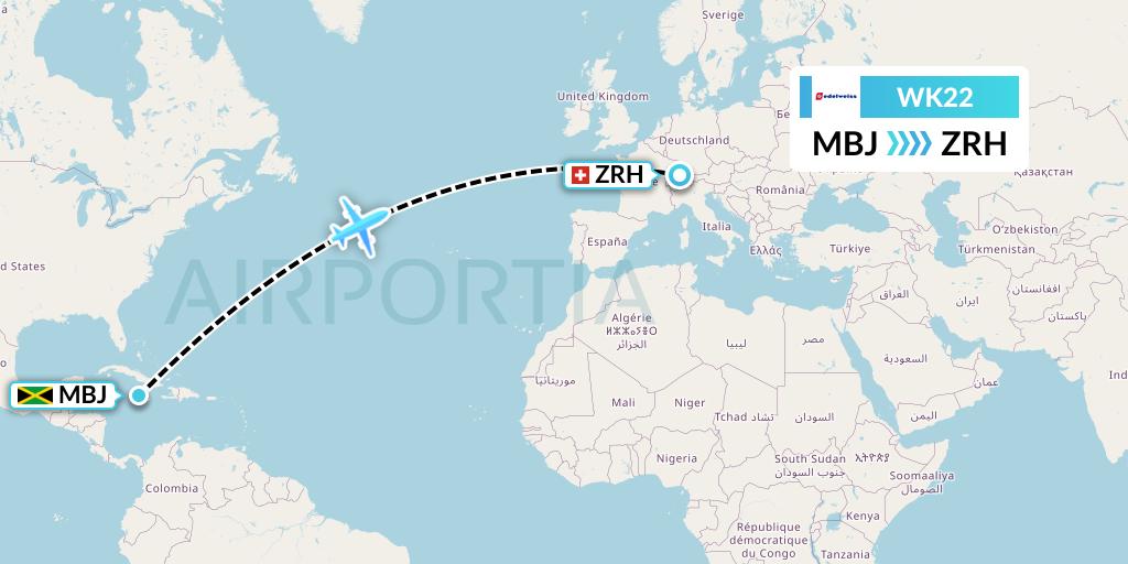 WK22 Flight Status Edelweiss Air: Montego Bay to Zurich (EDW22)