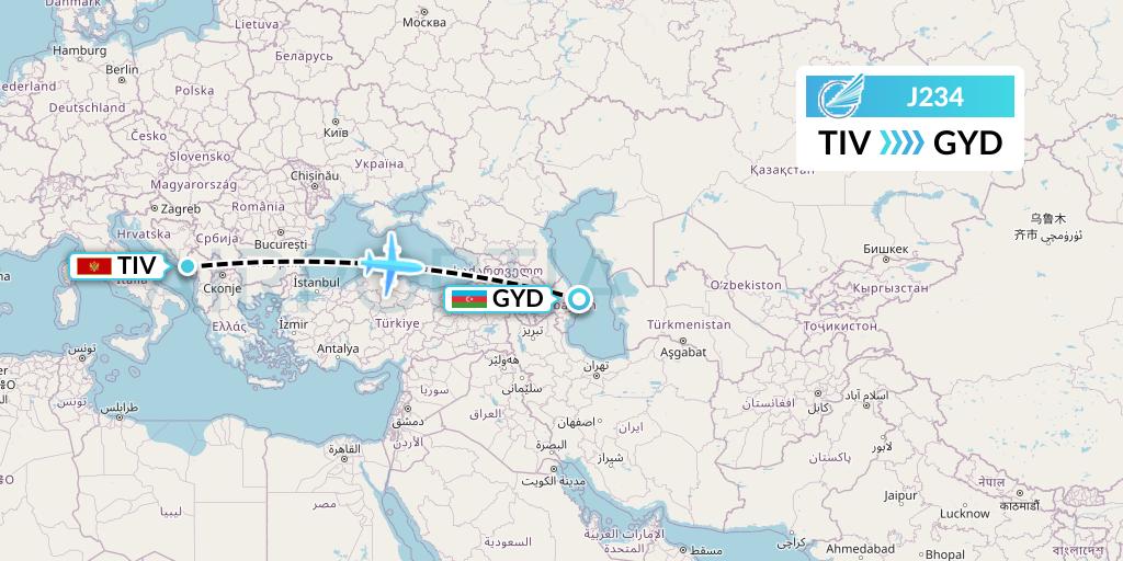 J234 Flight Status Azerbaijan Airlines: Tivat to Baku (AHY34)