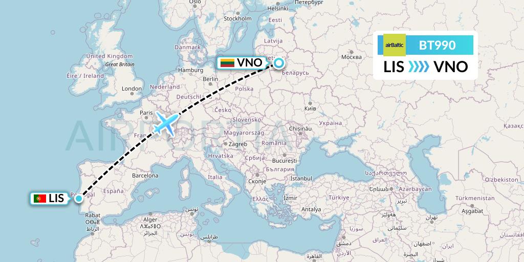 BT990 Flight Status Air Baltic: Lisbon to Vilnius (BTI990)
