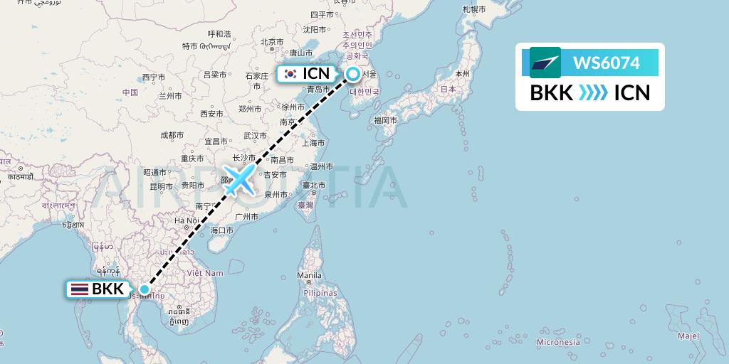 WS6074 Flight Status WestJet: Bangkok to Seoul (WJA6074)