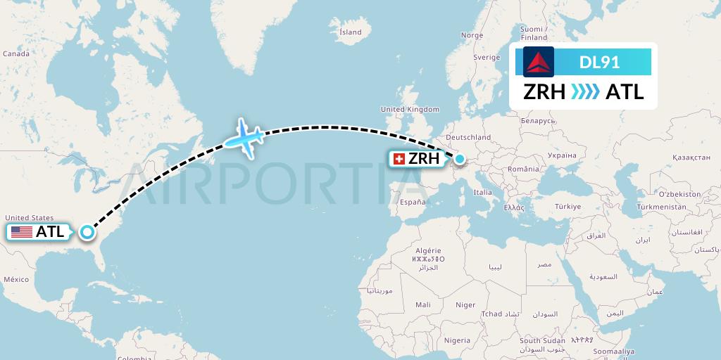 DL91 Flight Status Delta Air Lines: Zurich to Atlanta (DAL91)