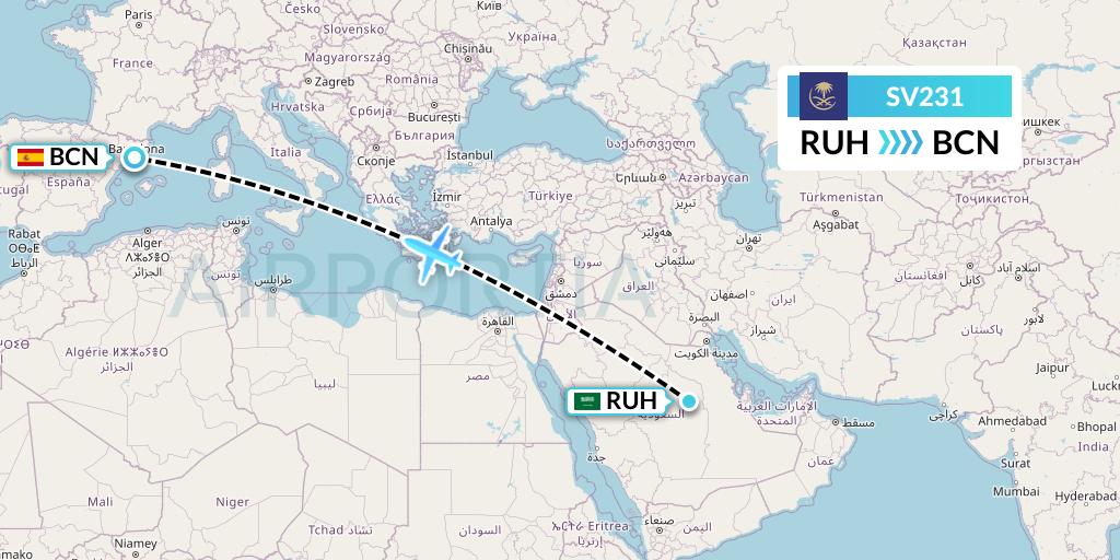SV231 Flight Status Saudi Arabian Airlines: Riyadh to Barcelona (SVA231)