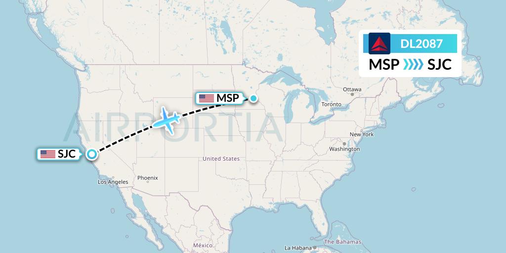 DL2087 Flight Status Delta Air Lines: Minneapolis to San Jose (DAL2087)
