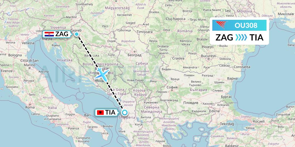 OU308 Flight Status Croatia Airlines: Zagreb to Tirana (CTN308)