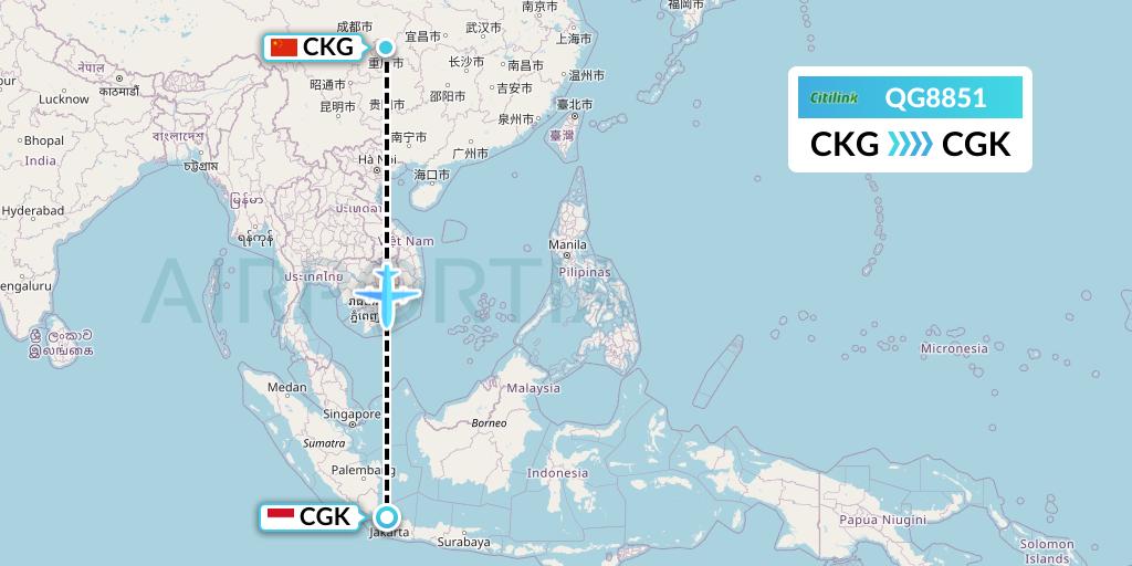 QG8851 Flight Status Citilink: Chongqing to Jakarta (CTV8851)