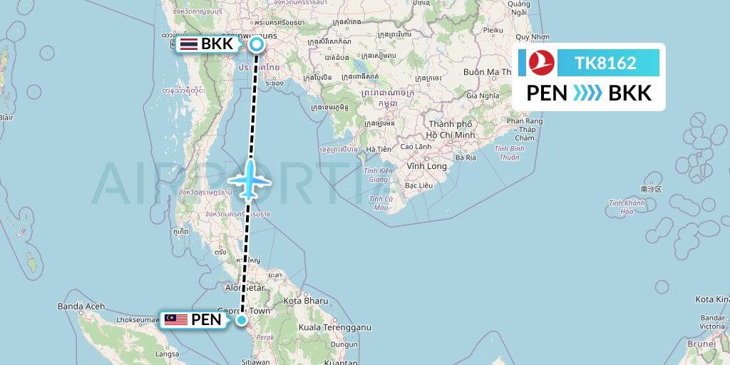 TK8162 Flight Status Turkish Airlines: Penang to Bangkok (THY8162)