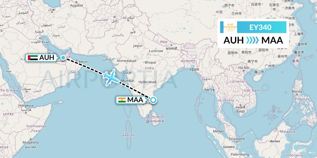 EY340 Flight Status Etihad Airways: Abu Dhabi to Chennai (ETD340)