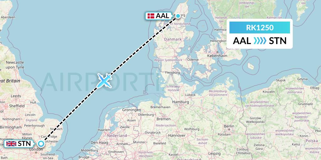 RK1250 Flight Status Ryanair UK: Aalborg to London (RUK1250)