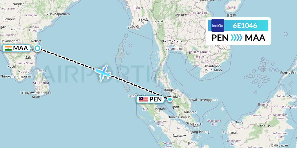 6E1046 Flight Status IndiGo Airlines: Penang to Chennai (IGO1046)