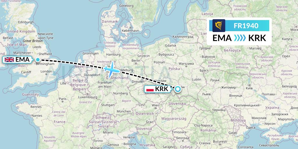 FR1940 Flight Status Ryanair: East Midlands to Krakow (RYR1940)