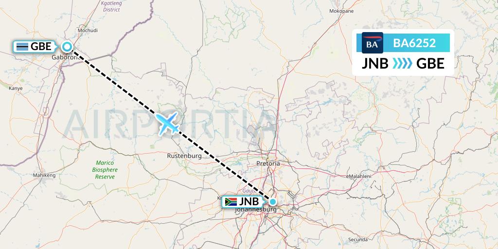 BA6252 Flight Status British Airways: Johannesburg to Gaborone (BAW6252)