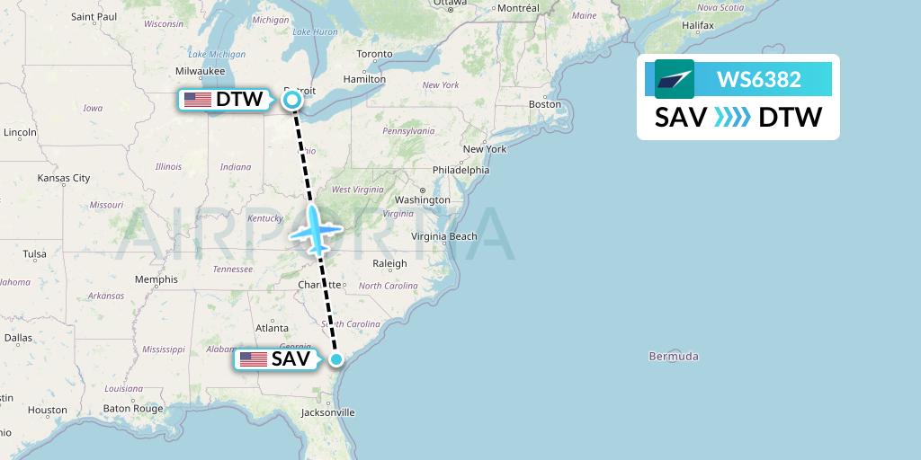 WS6382 Flight Status WestJet: Savannah to Detroit (WJA6382)