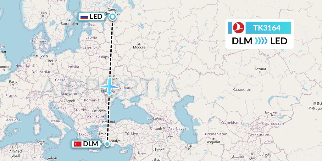 TK3164 Flight Status Turkish Airlines: Dalaman to St. Petersburg (THY3164)