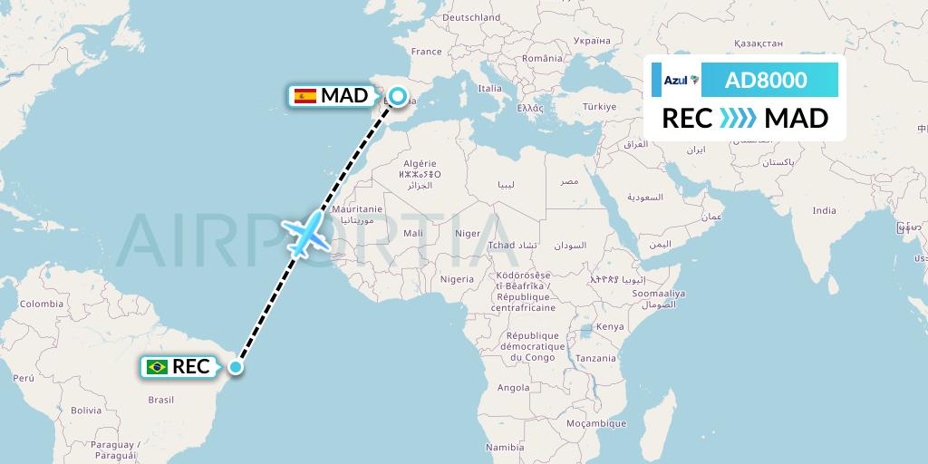 AD8000 Flight Status Azul Brazilian Airlines: Recife to Madrid (AZU8000)