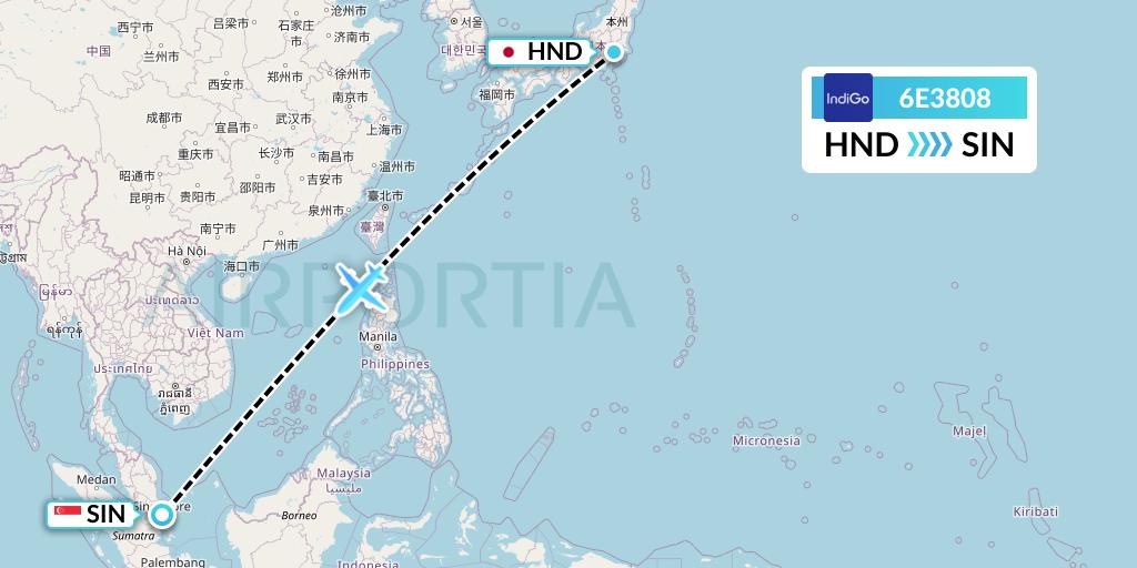 6E3808 Flight Status IndiGo Airlines: Tokyo to Singapore (IGO3808)