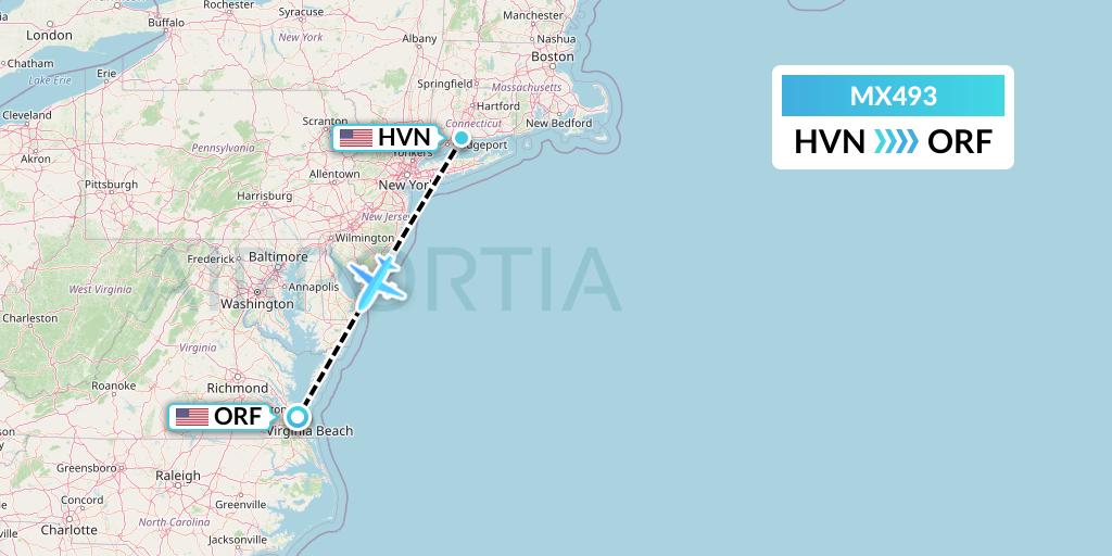 MX493 Flight Status Breeze Airways: New Haven to Norfolk (MXY493)