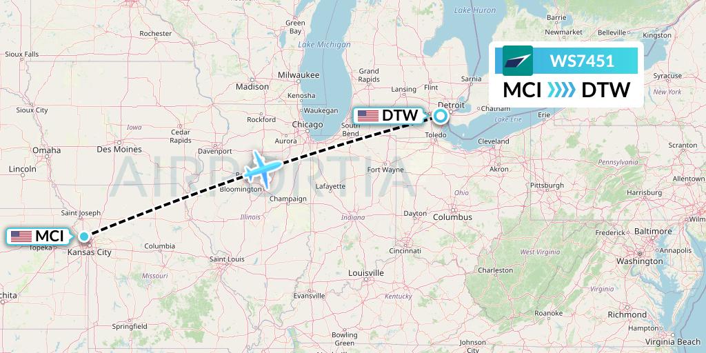 WS7451 Flight Status WestJet: Kansas City to Detroit (WJA7451)